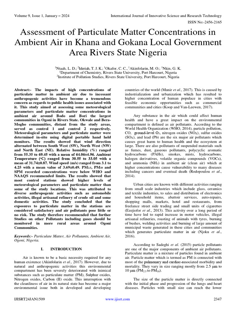 Assessment of Particulate Matter Concentrations in Ambient Air in Khana ...