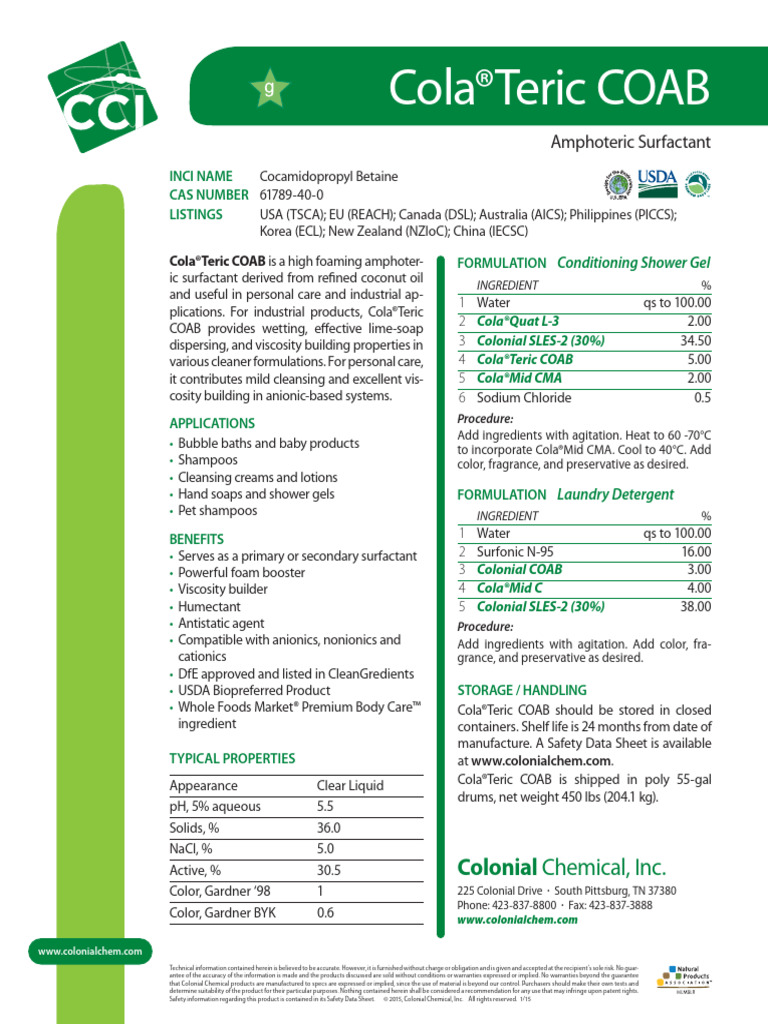 ColaTeric COAB TDS | Download Free PDF | Shampoo | Surfactant