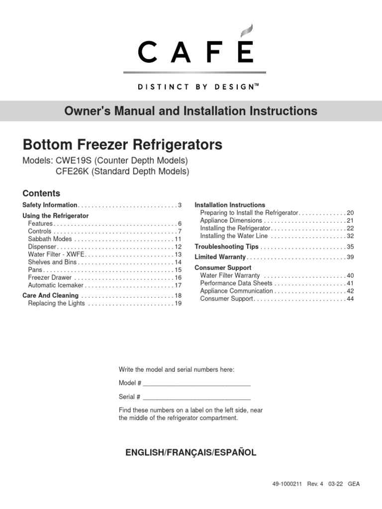 GE Café Refrigerator Installation Guide | PDF | Refrigerator | Ac Power ...