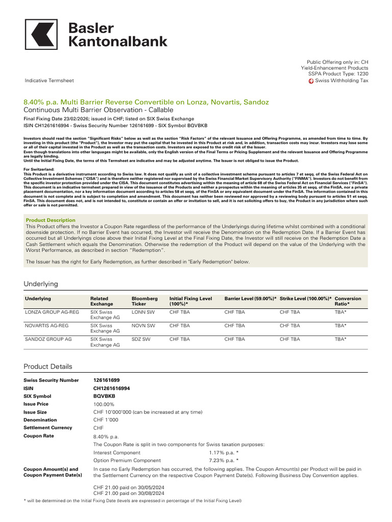 Termsheet Ch1261616994 en | PDF | Financial Risk | Derivative (Finance)