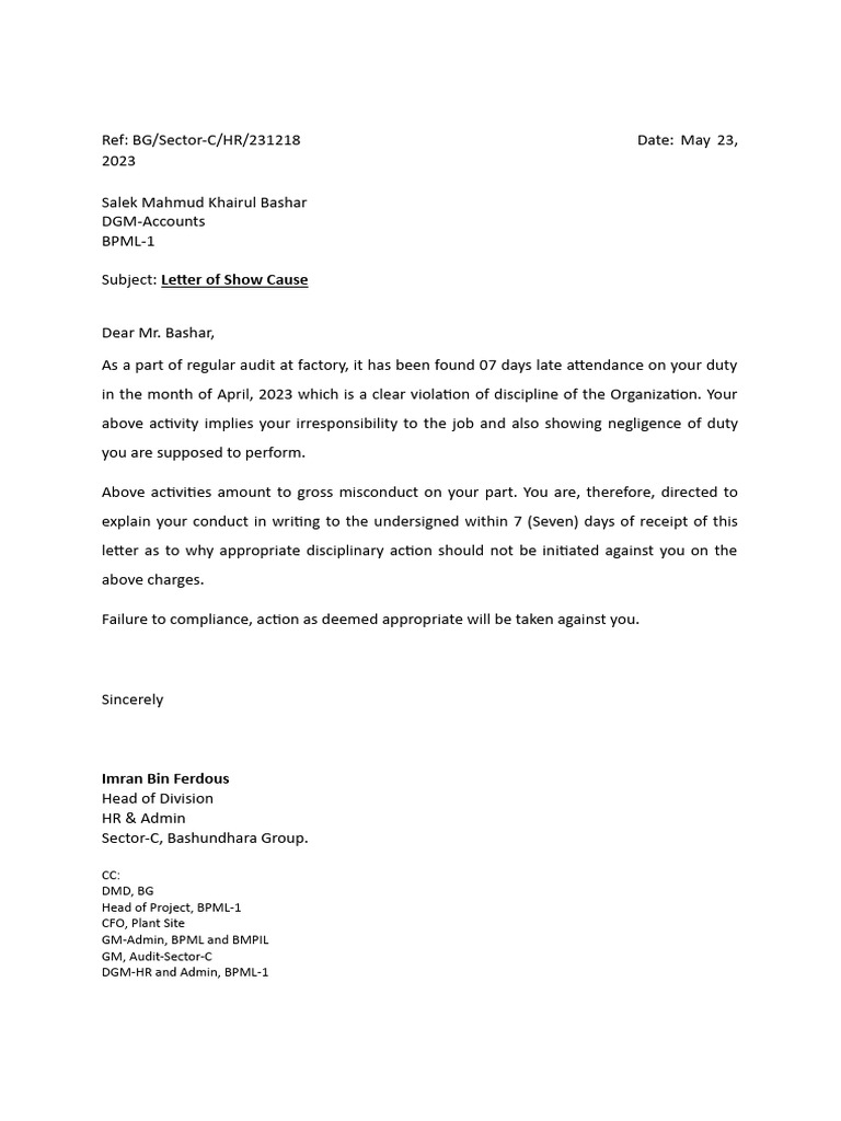 Letter Showcause | PDF