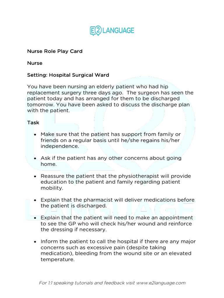 Speaking Roll Play E2language | PDF | Patient | Nursing