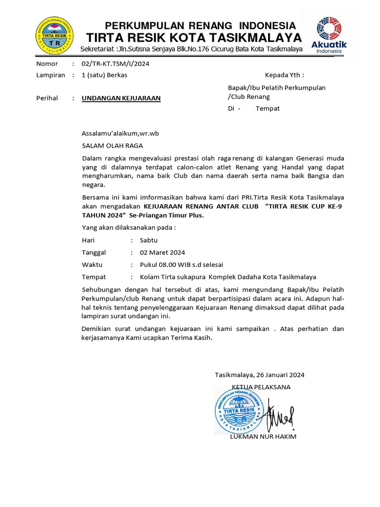 Undangan Tirta Resik Cup 9 2024-1 | PDF