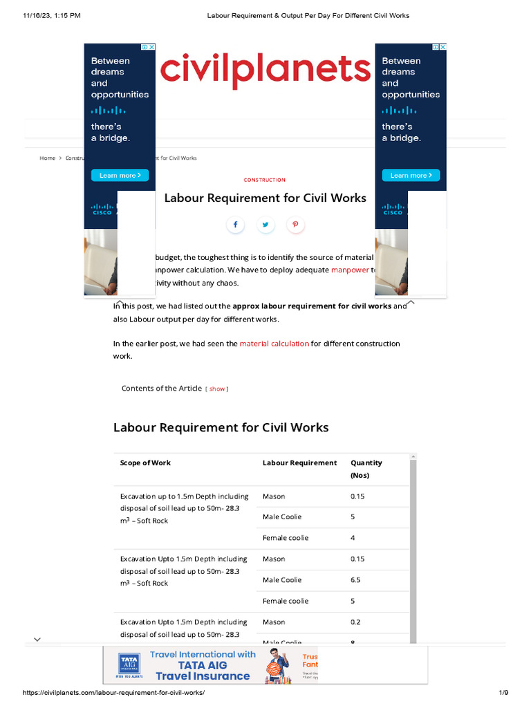 Daily Labour Output for Civil Works | PDF | Masonry | Civil Engineering