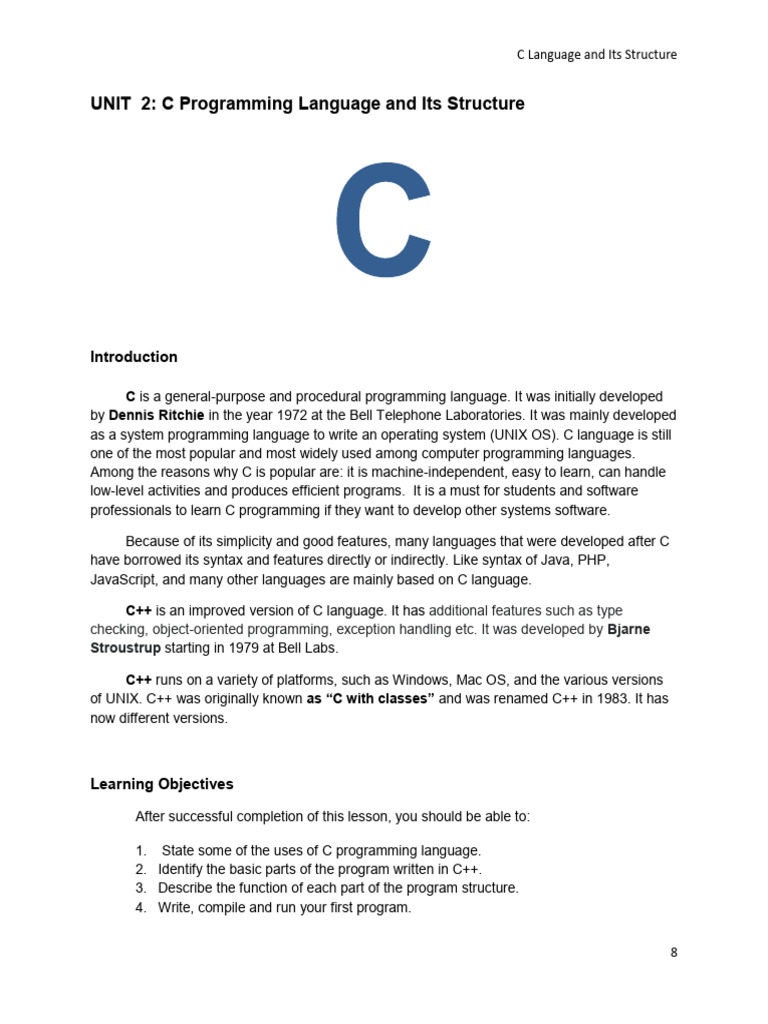 CP1 - Unit 2 - C ProgLag and Its Structure | PDF | C++ | C (Programming Language)