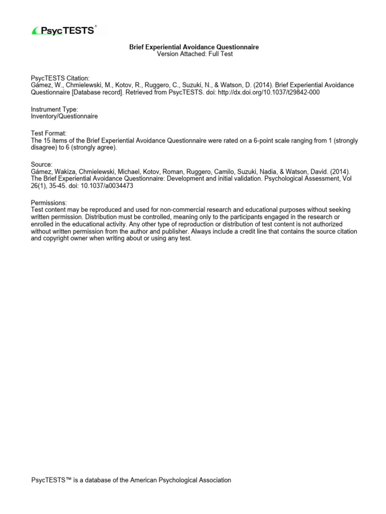 Brief Experiential Avoidance Questionnaire | PDF | Psychology | Cognition