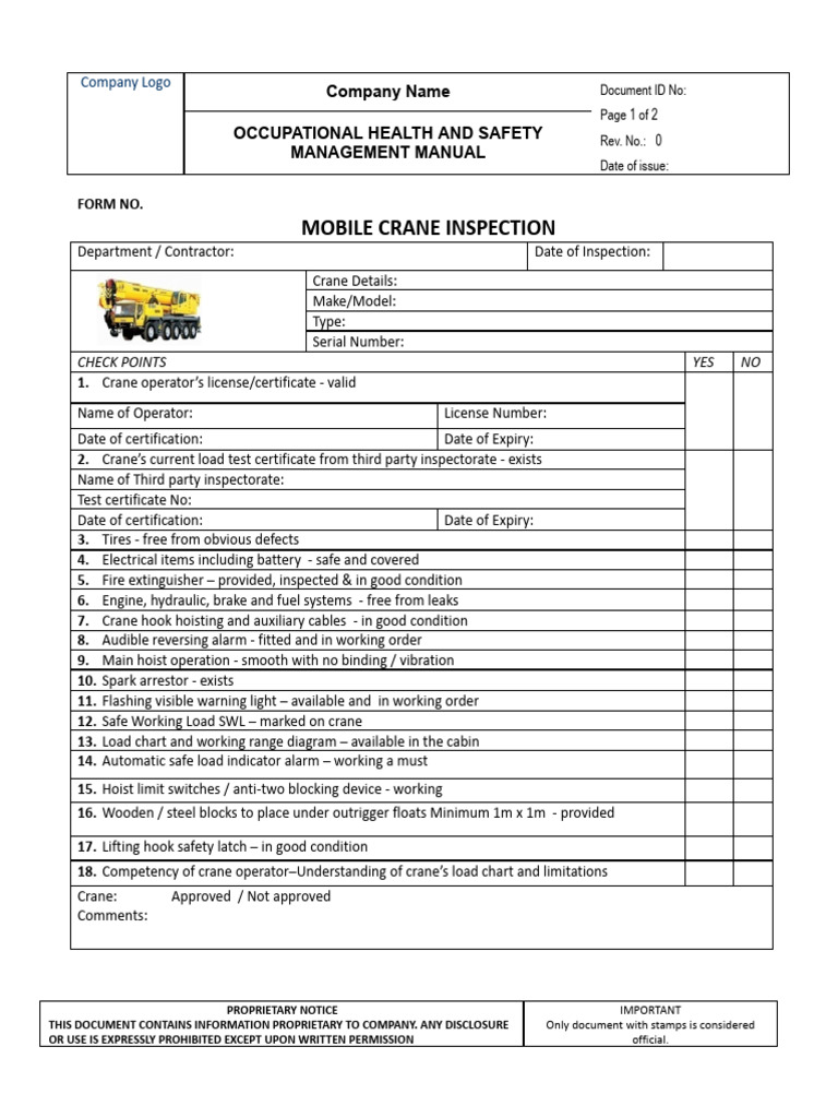 Mobile Crane Inspection Checklist | PDF | Crane (Machine) | Transport