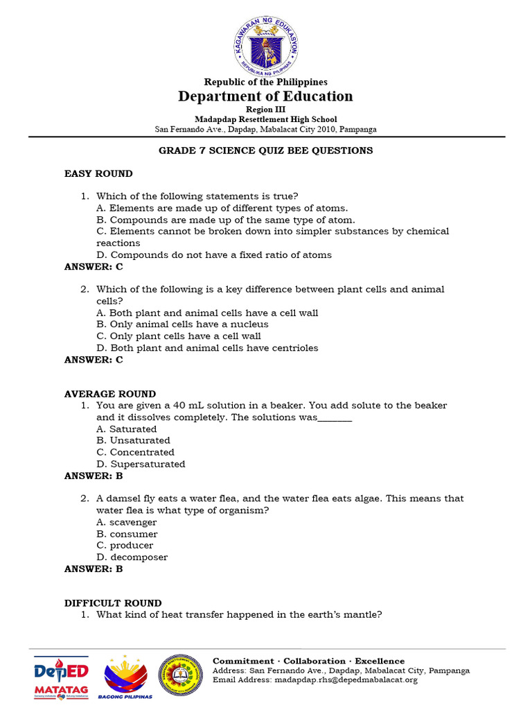 Grade 7 Science Quiz Bee Questions | PDF | Science & Mathematics