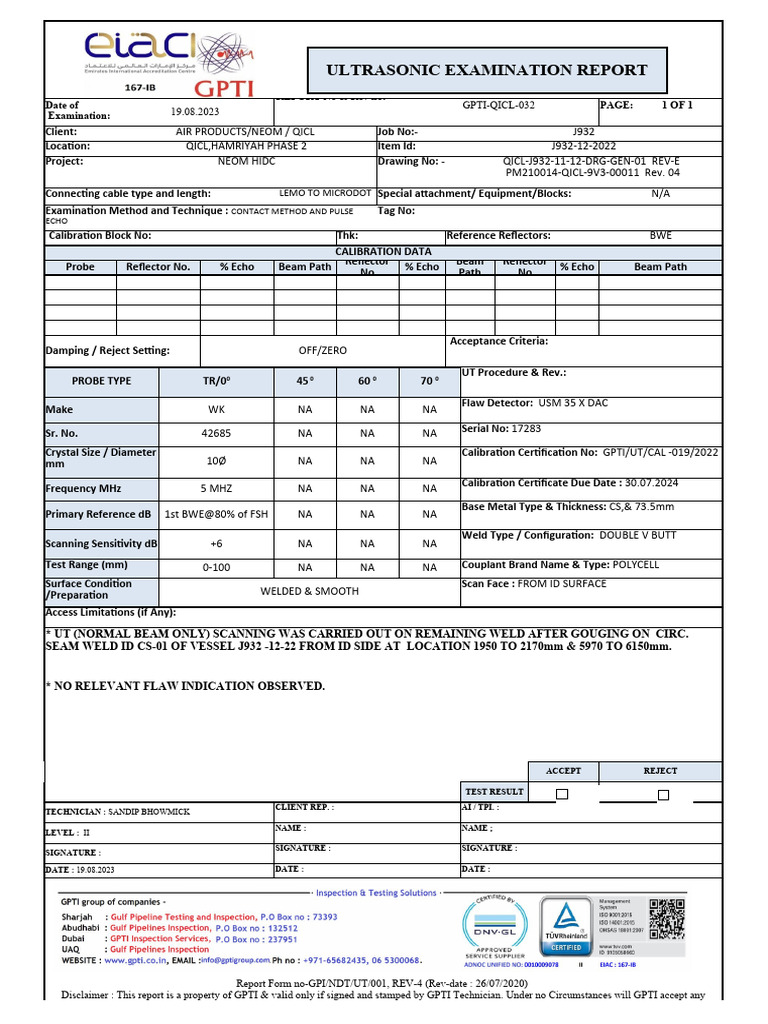 Ultrasonic Examination Report QICL 2023 | PDF | Nondestructive Testing ...