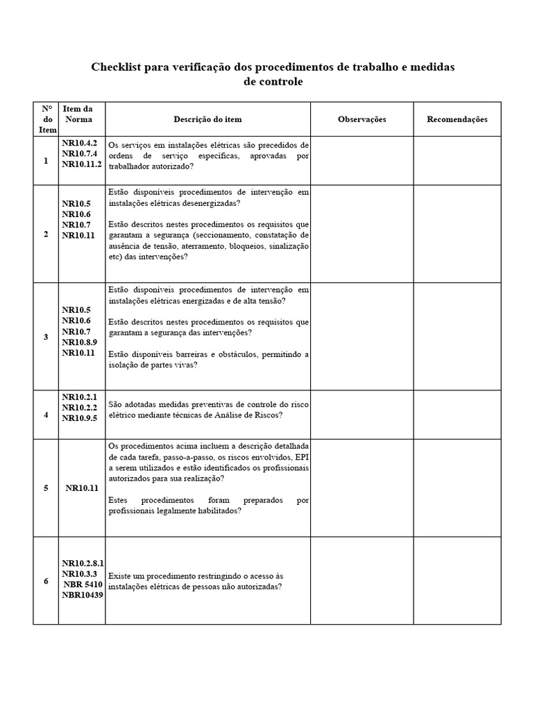 Checklist Procedimentos de Trabalho e Medidas de Controle | PDF ...