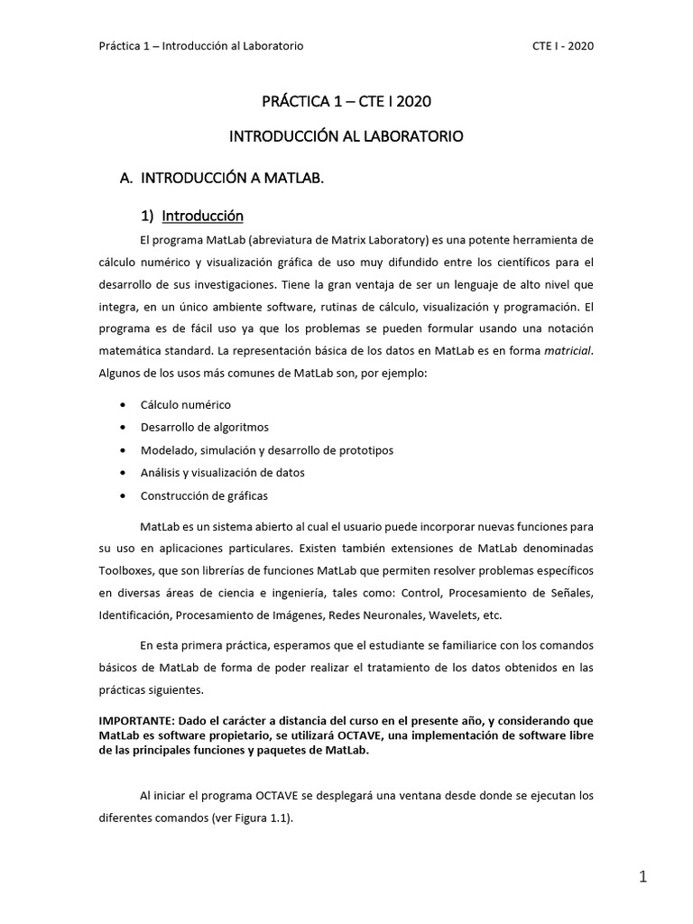 Practica 1-A - 2020 | Descargar gratis PDF | Matriz (Matemáticas) | Matlab