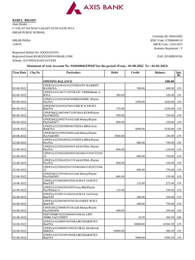 Statement of Axis Account No:916010041539247 For The Period (From: 01 ...
