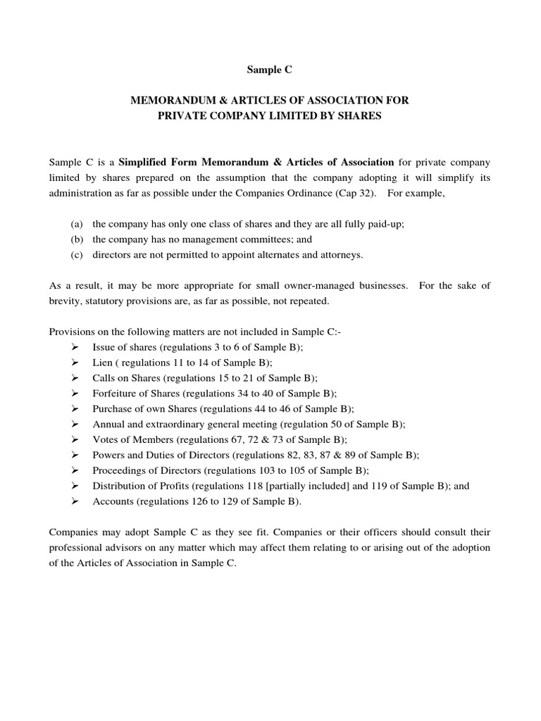 Sample c Memorandum and Articles of Asso | PDF | Dividend | Proxy Voting