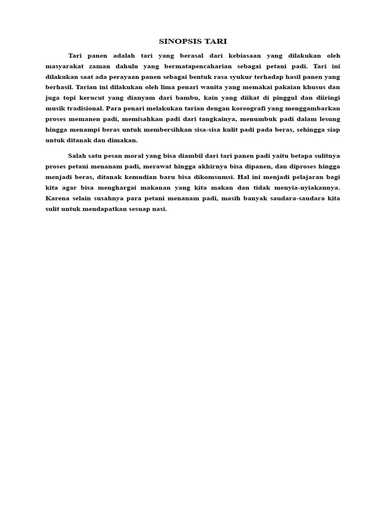 Sinopsis Tari Panen Padi Tradisional | PDF | Memasak, Makanan, & Anggur