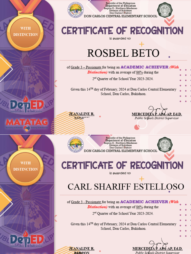 DCCES 2ND QUARTER RECOGNITION CERTIFICATE With Distinction | PDF
