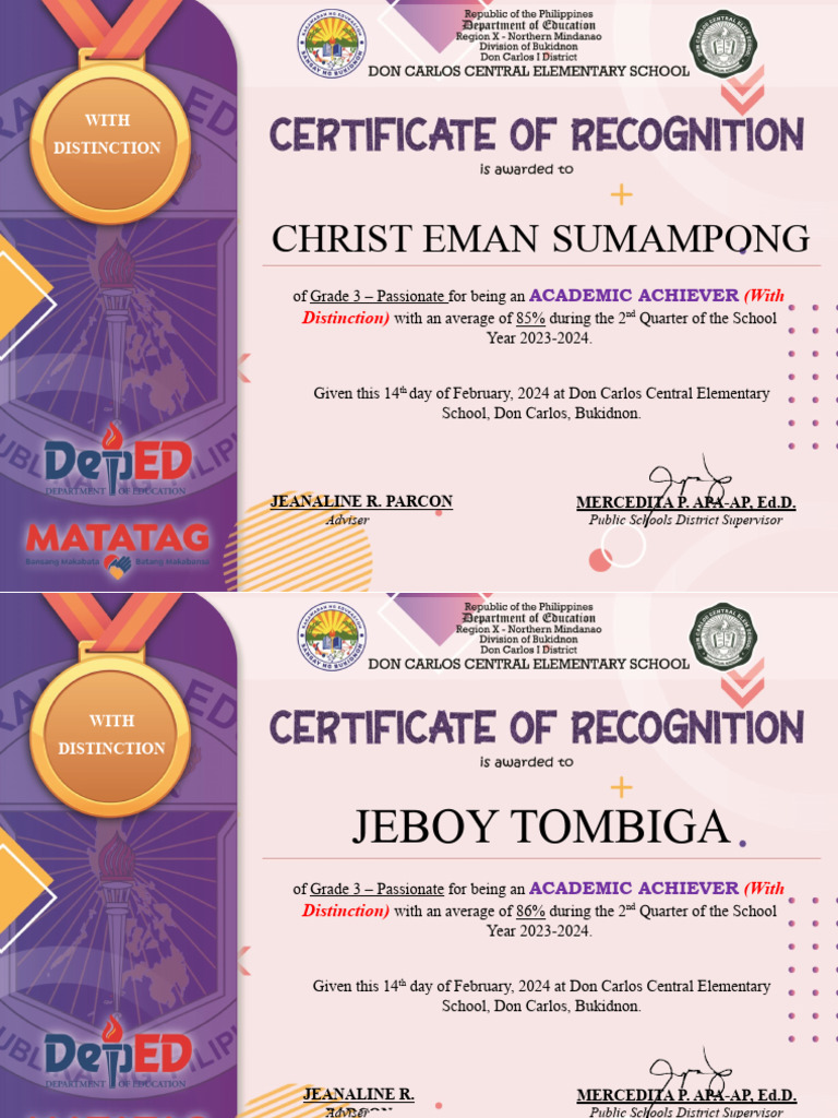 DCCES 2nd QUARTER RECOGNITION CERTIFICATE With Highest Honors | PDF