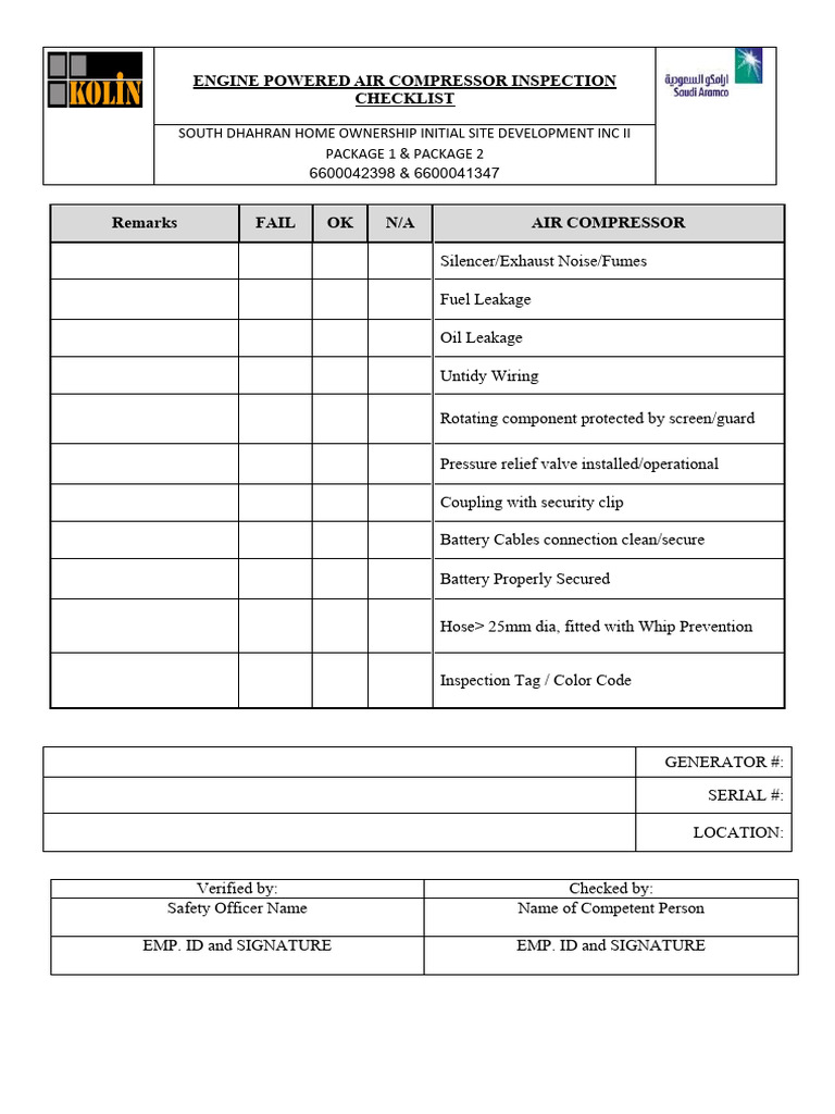 Engine Powered Air Compressor Inspection Checklist Forrm | PDF
