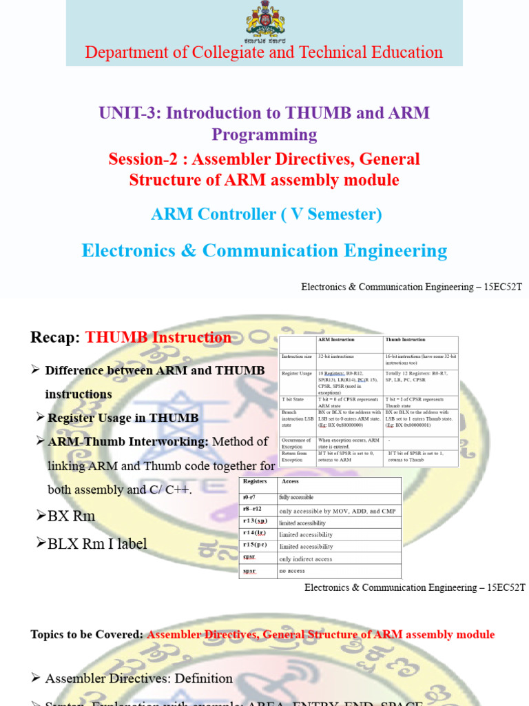 Department of Collegiate and Technical Education: UNIT-3: Introduction To THUMB and ARM ...