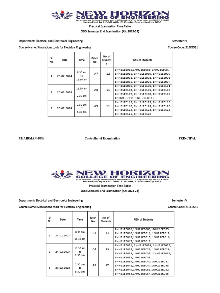 Student - Simulation Lab 23-24 SEE Exam Time Table | PDF