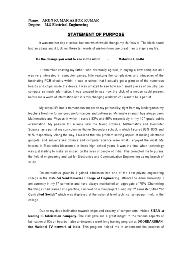 M.S. Electrical Engineering Statement of Purpose | PDF | Computer ...