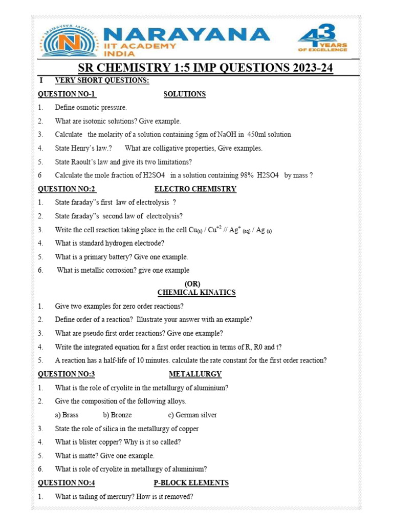 Ts SR Chemistry Imp Questions 2023-24 | PDF | Chemical Reactions | Electrochemistry