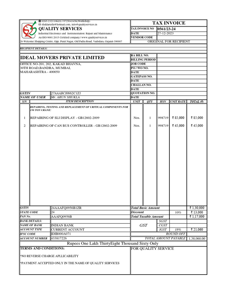 Crane Service Invoice Format | PDF | Government | Public Finance