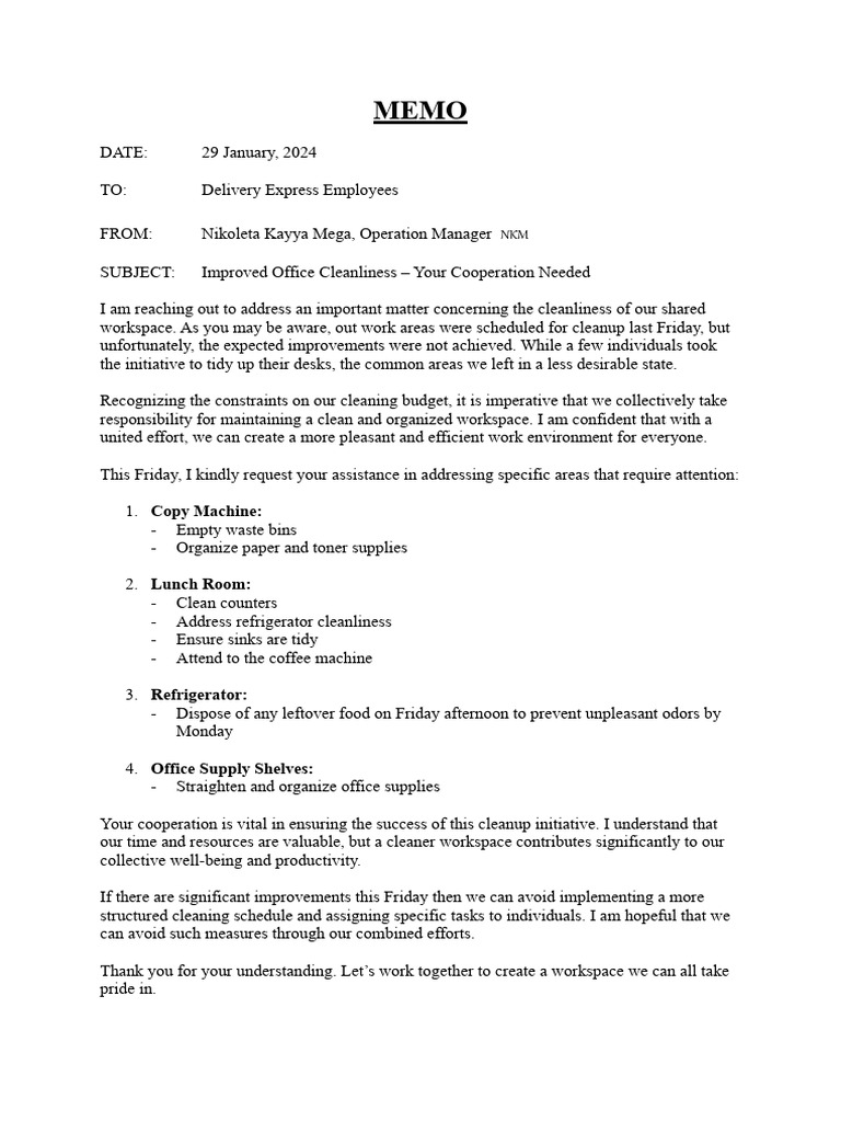 Office Cleanliness Cooperation Memo | PDF | Career & Growth | Business
