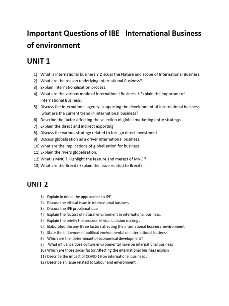 Important Questions of IBE International Business of Environment | PDF ...