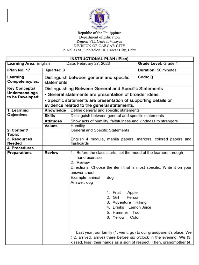 q2 gr4 - IPLAN Sample | PDF | Grammatical Tense | Learning