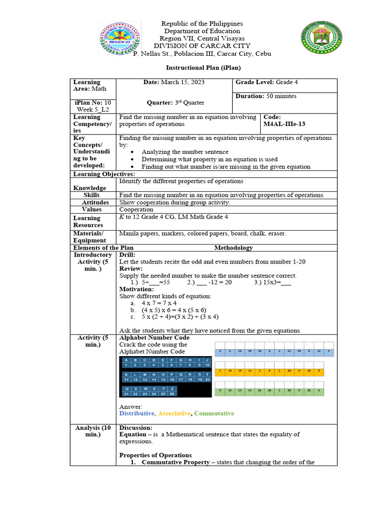 Grade 4 Math iPlan: Missing Numbers | PDF