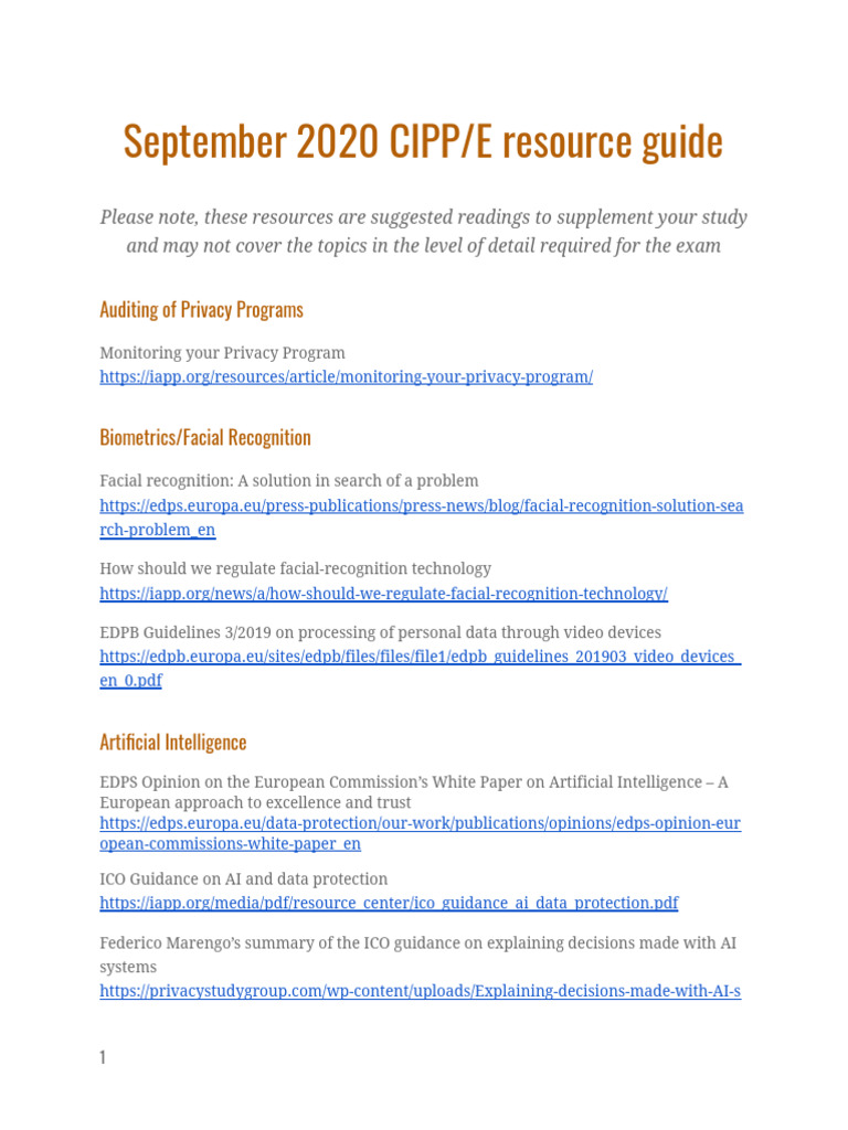 Resource Guide For September 2020 CIPP - E Updates 3 1 | PDF ...