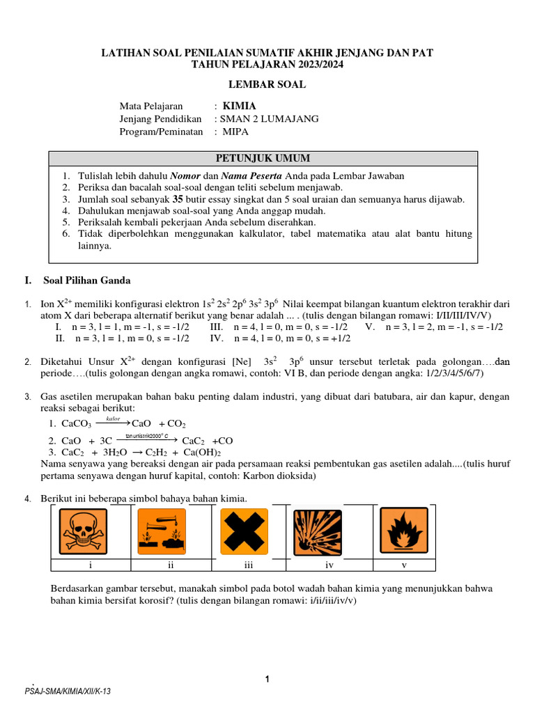 Latihan Soal Psaj Dan Pat Kimia - Xii - 2024 | PDF