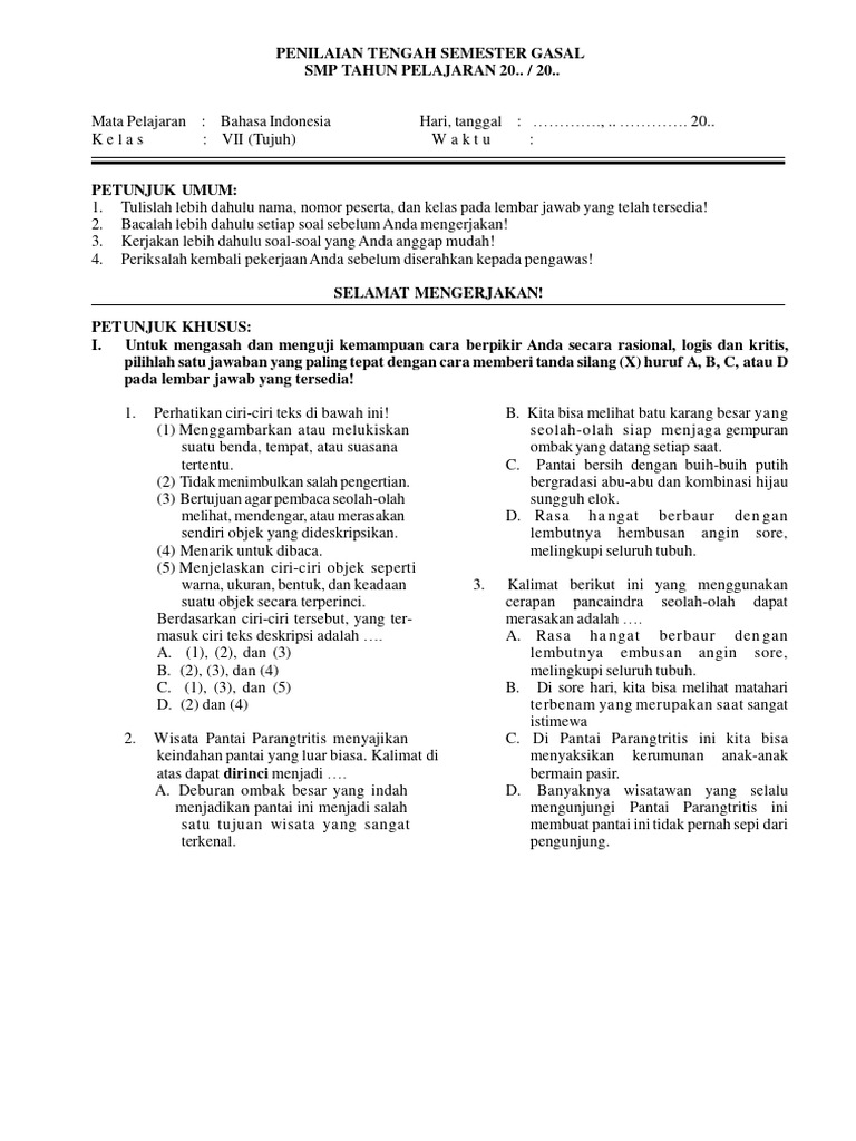 Soal PTS 1 B.Indonesia Kelas VII K13 | PDF