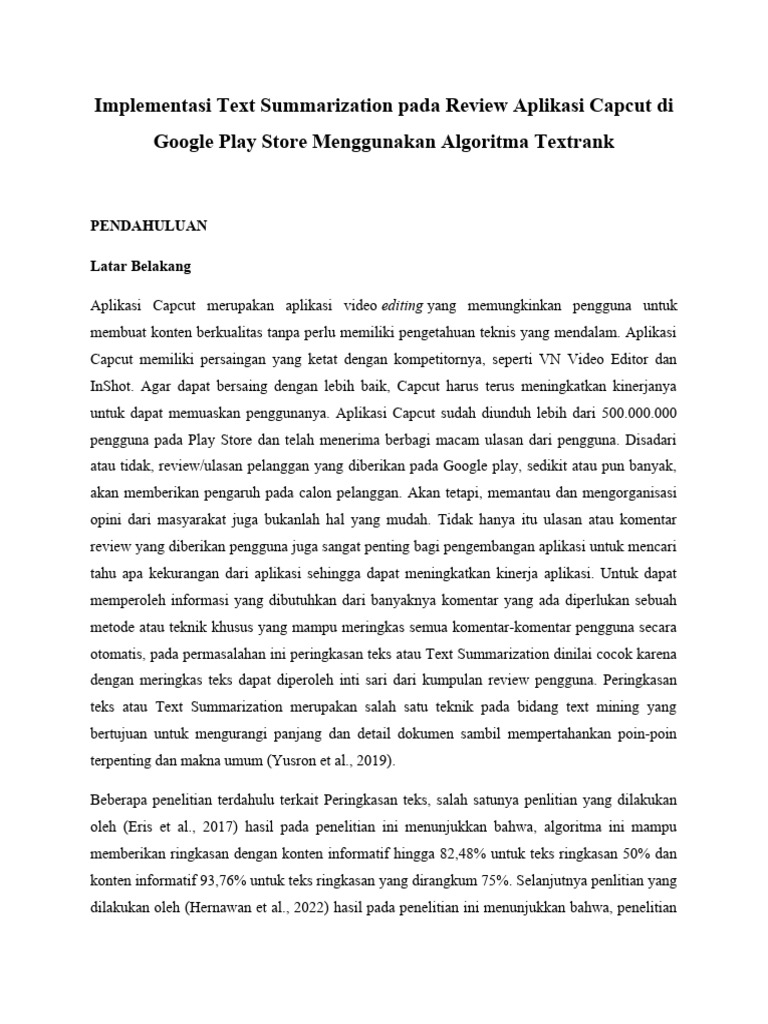 Implementasi Text Summarization Pada Review Aplikasi Capcut Di Google Play Store Menggunakan ...