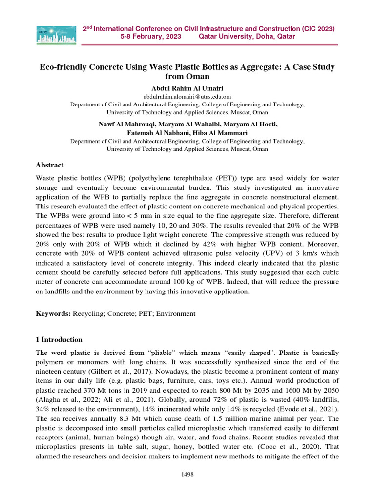 Eco-Friendly Concrete Using Waste Plastic Bottles As Aggregate: A Case Study From Oman | PDF ...