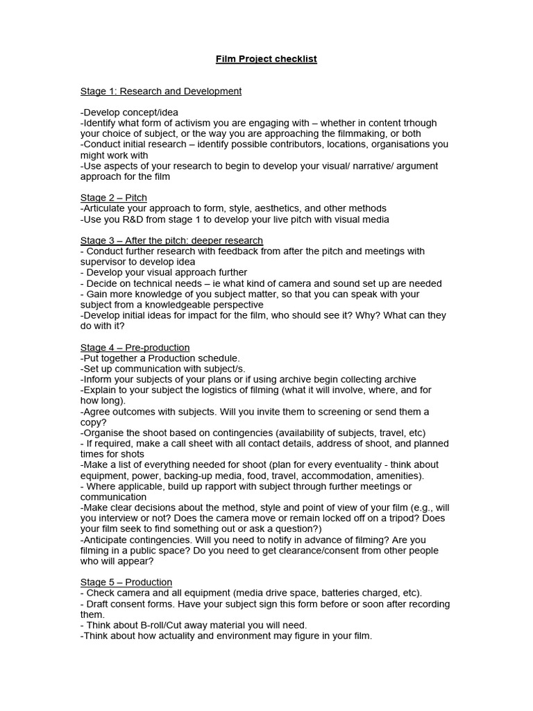 Film Project Checklist | PDF | Filmmaking | Human Communication