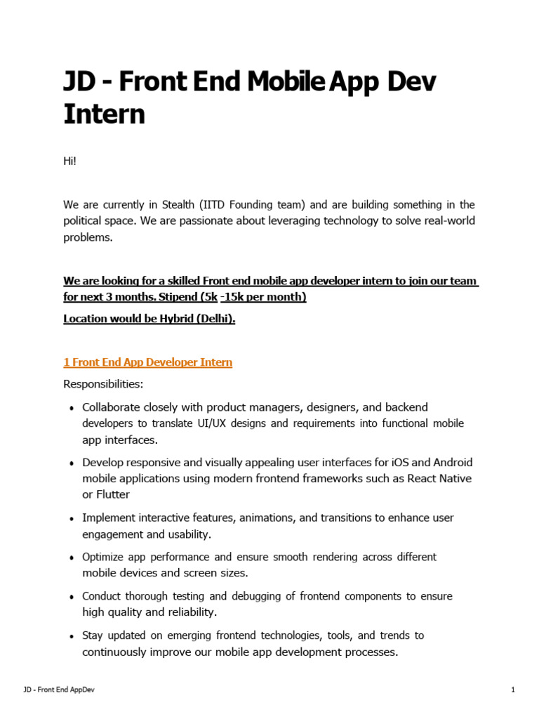 JD - Front End Mobile App Dev Intern | PDF JD - Front End Mobile App Dev Intern | PDF