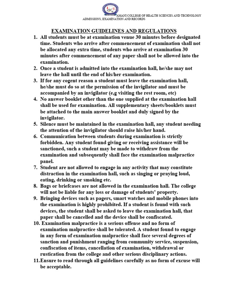 Examination Guidelines and Regulations | PDF