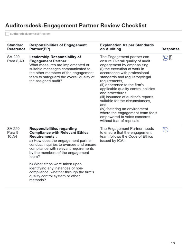 Engagement Partner Responsibilities Checklist | PDF | Audit ...