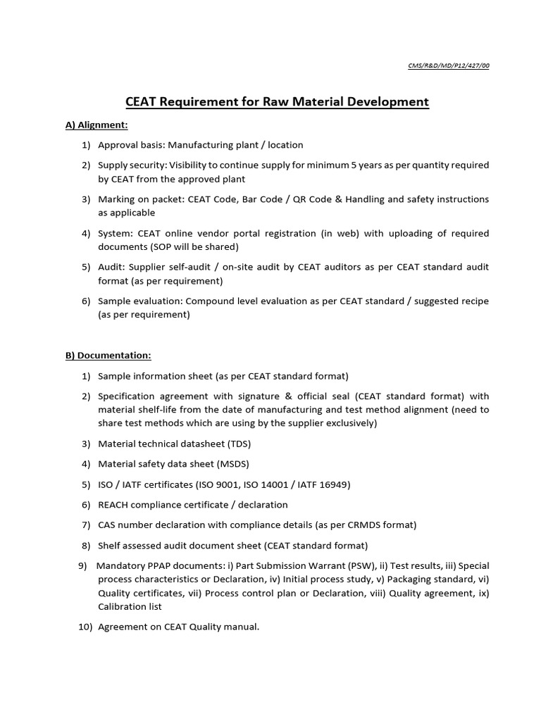 CEAT Requirement For Raw Material Development | PDF