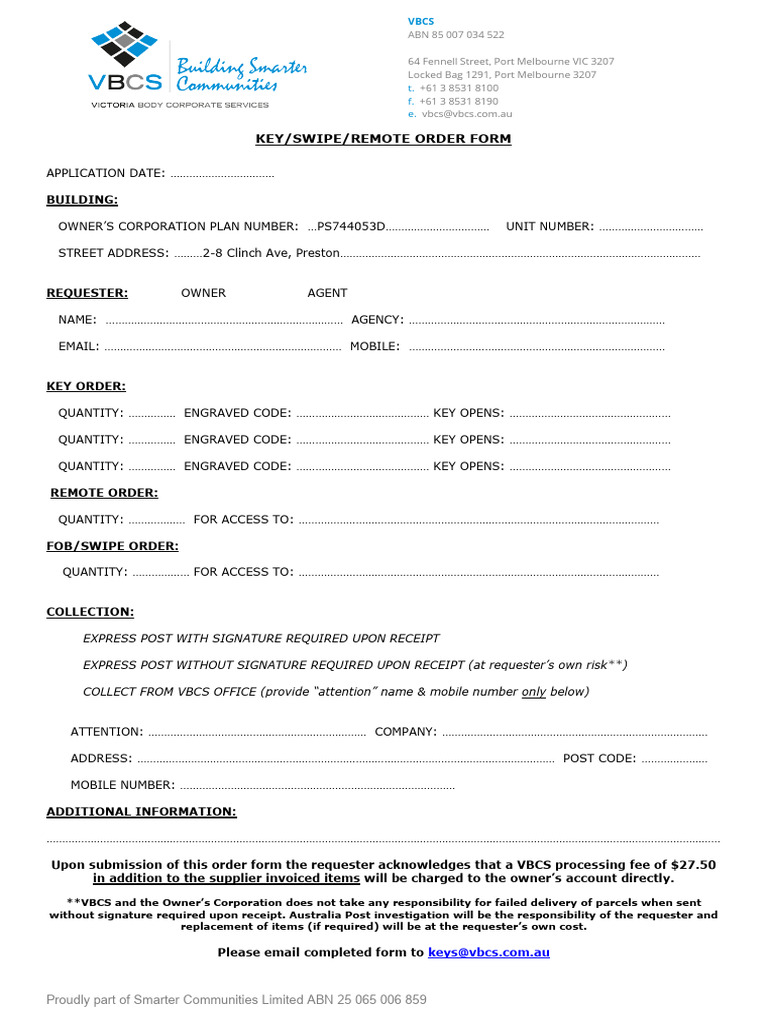 Key Order Form - 2-8 Clinch Avenue Preston | PDF | Service Industries ...