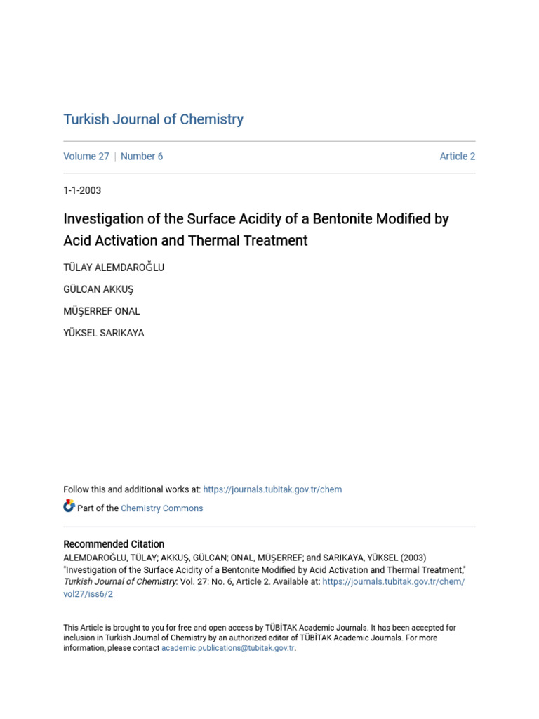 Investigation of The Surface Acidity of A Bentonite Modified by A | PDF | Adsorption | Chemical ...