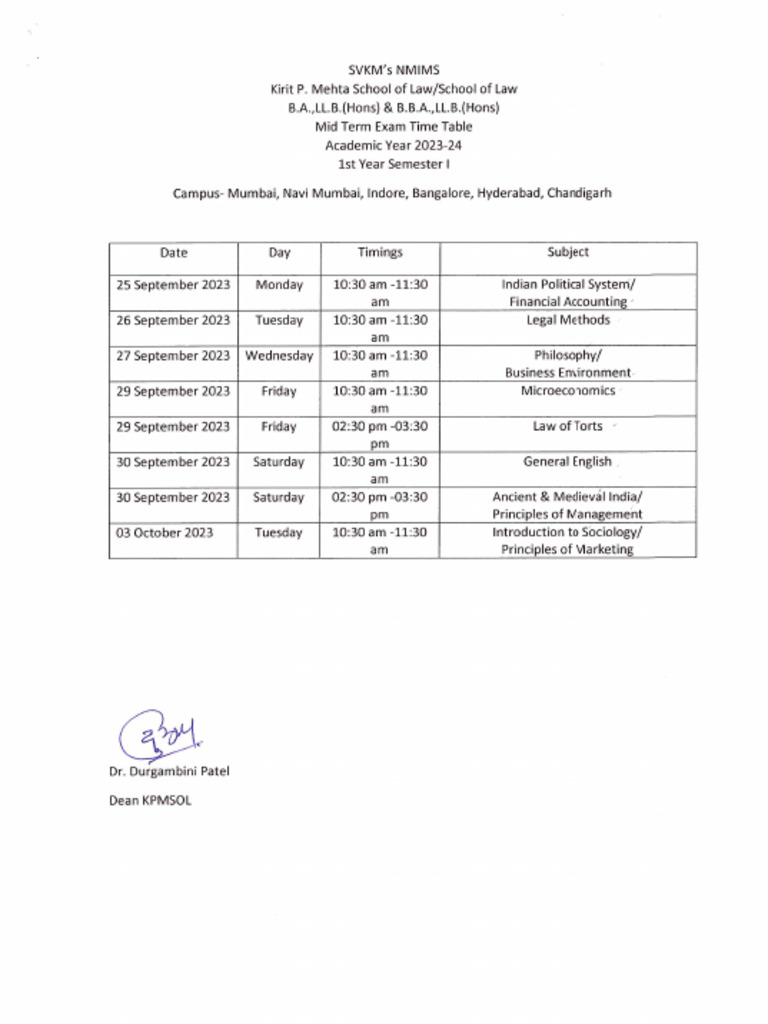 Mid Term Exam Time Table Term I 2023-24 | PDF
