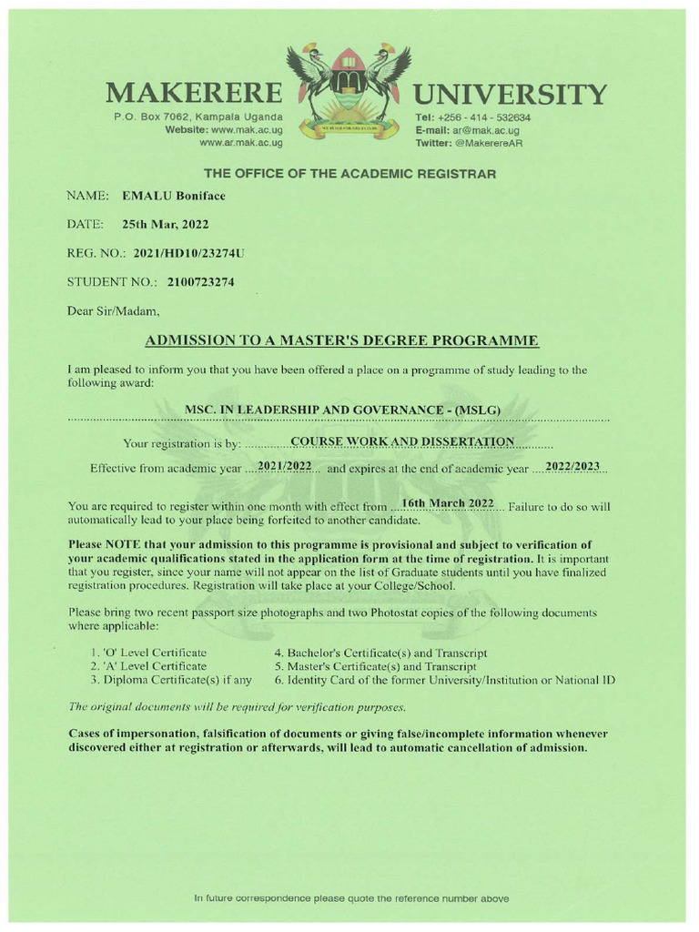 Admission Letters For MSc. in Leadership & Governanace and MBA | PDF