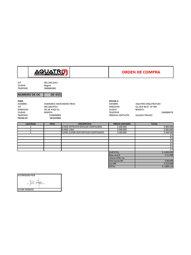 Orden de Compra 015 - Ingenieria Innovadora Prad | PDF