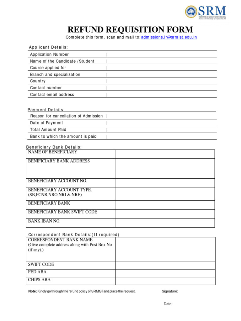 Admission Ir Refund Request Form Ir Admissions 2022 | PDF