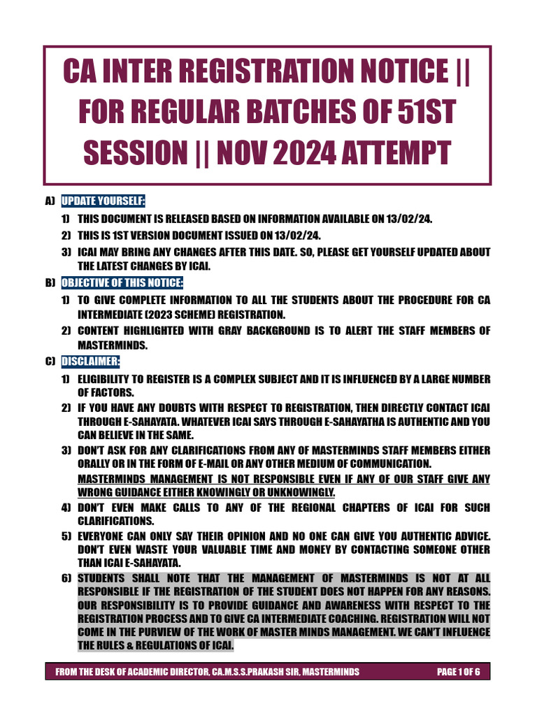 Notice On CA Inter Registration For Nov 2024 Attempt Released in | PDF