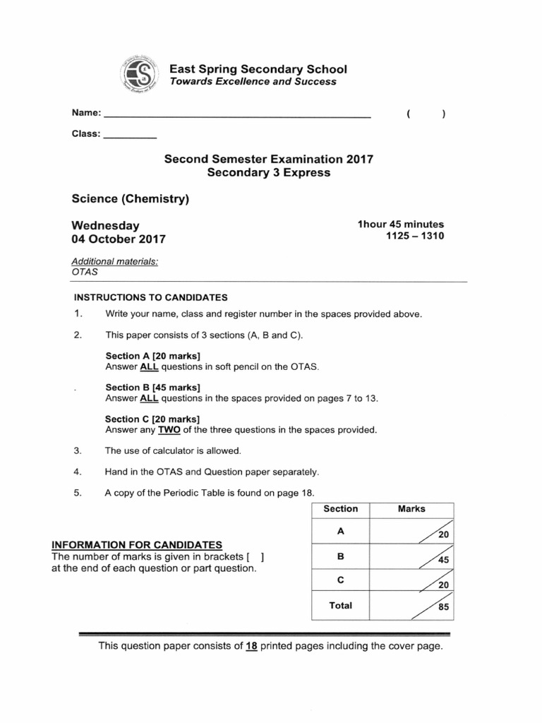 2017 Sec 3 Express Chemistry SA2 East Spring Secondary | PDF