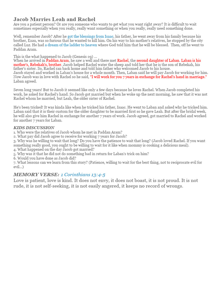 Jacob Marries Leah and Rachel | PDF | Jacob | Rachel