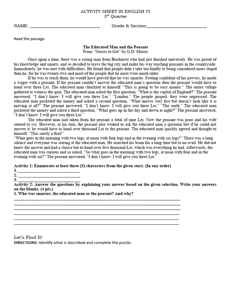 ACTIVITY SHEET IN ENGLISH VI-week 2 | PDF | General Fiction